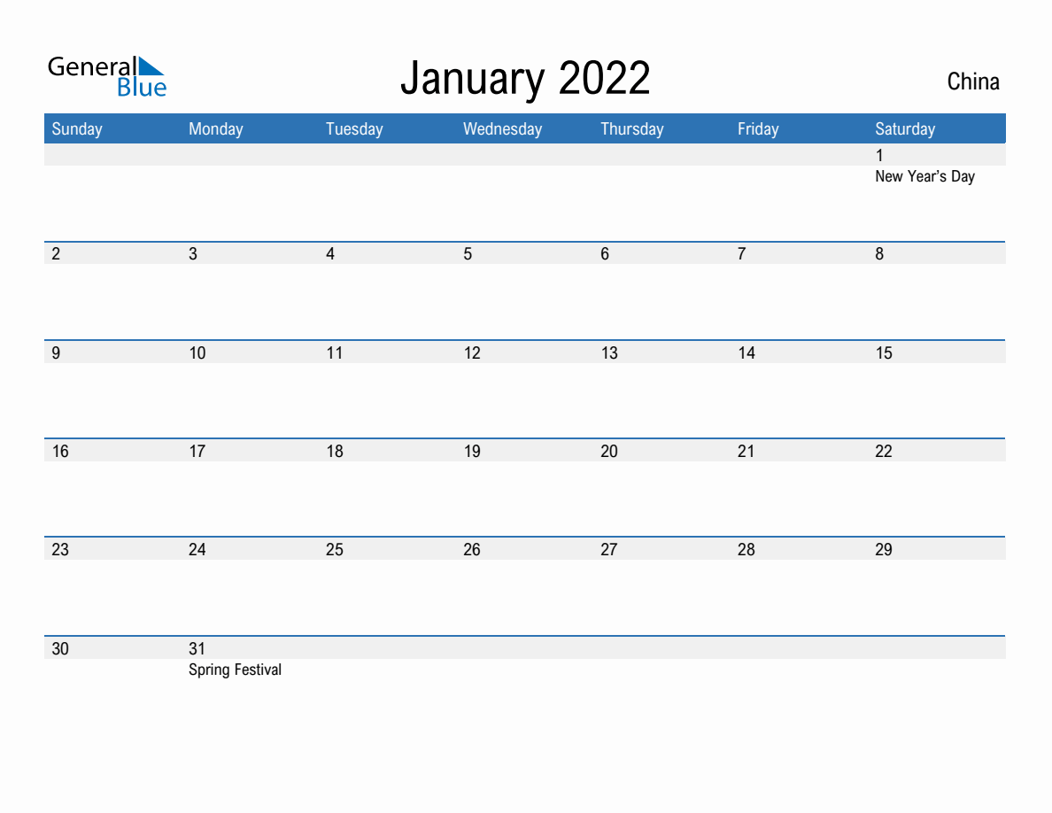 January 2022 Monthly Calendars with China Holidays