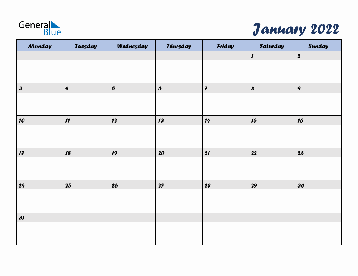 Free January 2022 Monthly Editable Calendar, starting on Monday