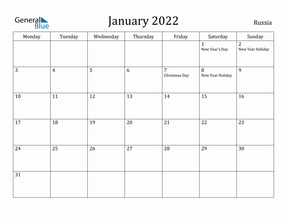 Russia Monthly Calendar - January 2022 (Monday Start)