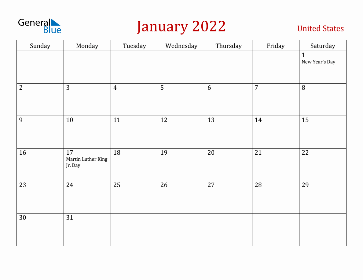 January 2022 United States Monthly Calendar with Holidays