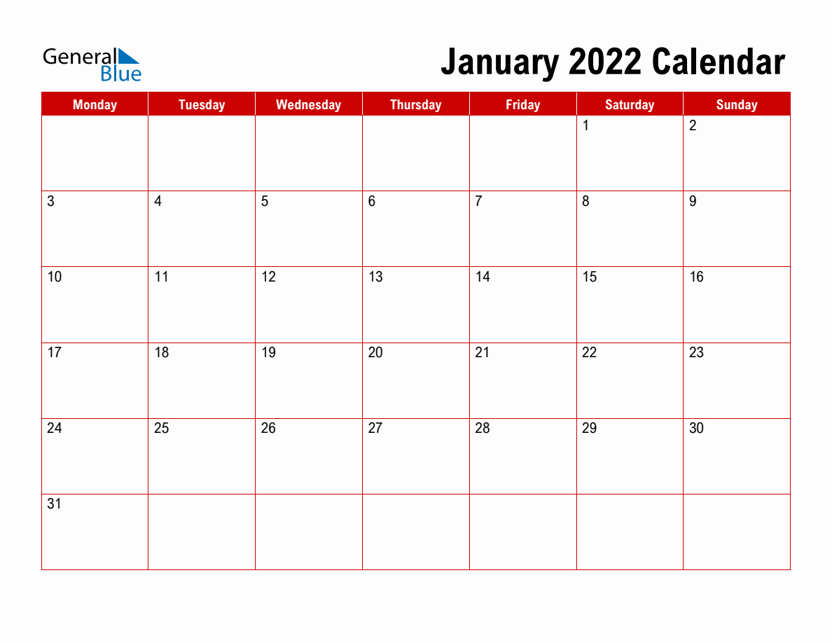 Basic Monthly Calendar - January 2022 - Monday Start