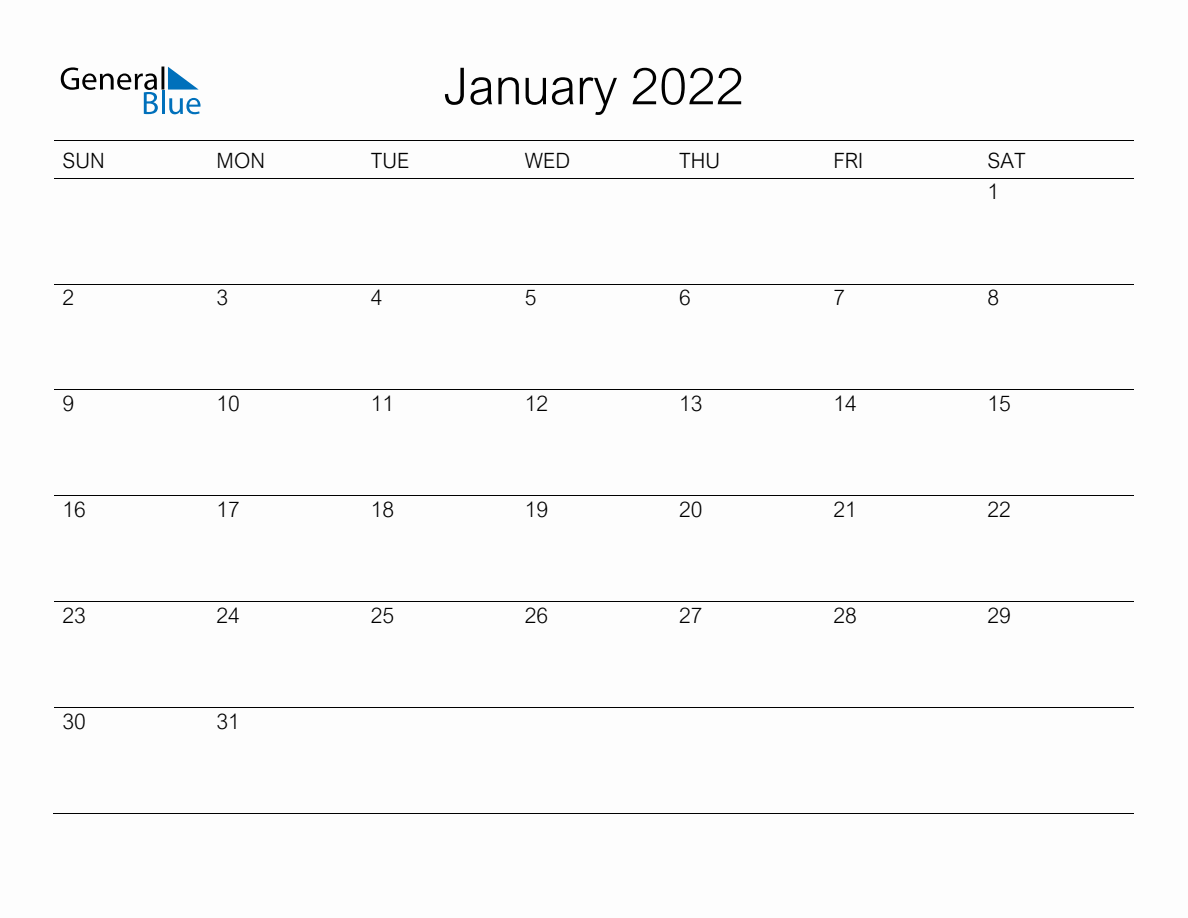 Printable January 2022 Monthly Calendar