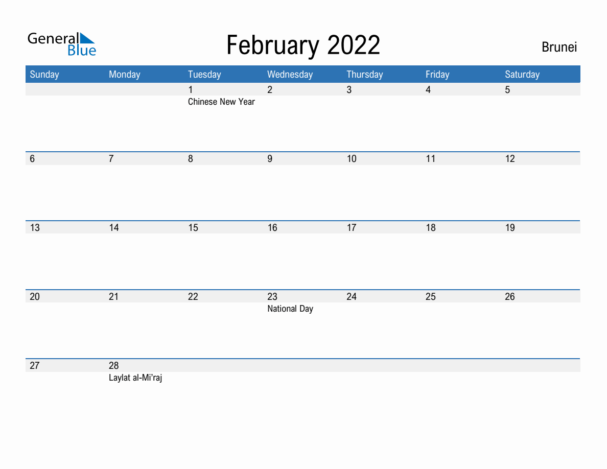 February 2022 Monthly Calendars with Brunei Holidays