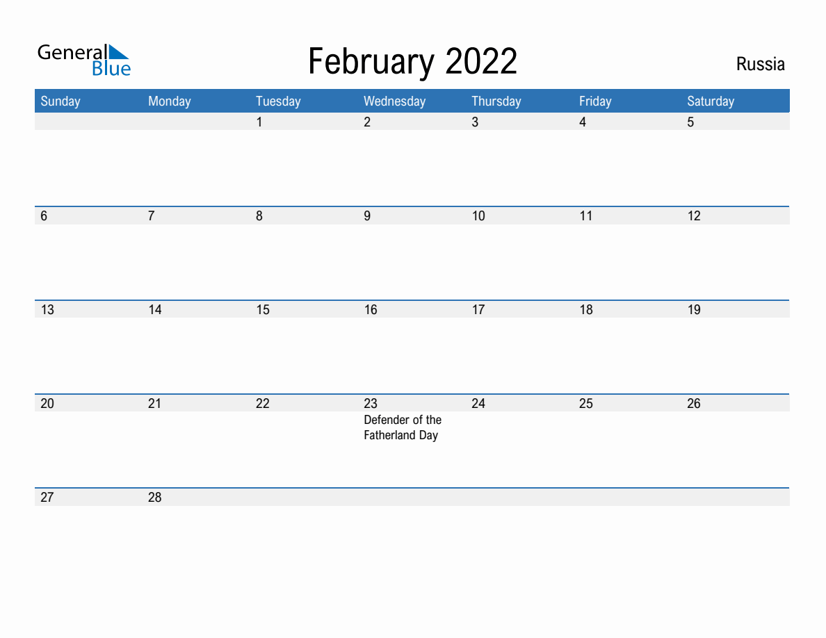 February 2022 Monthly Calendars with Russia Holidays
