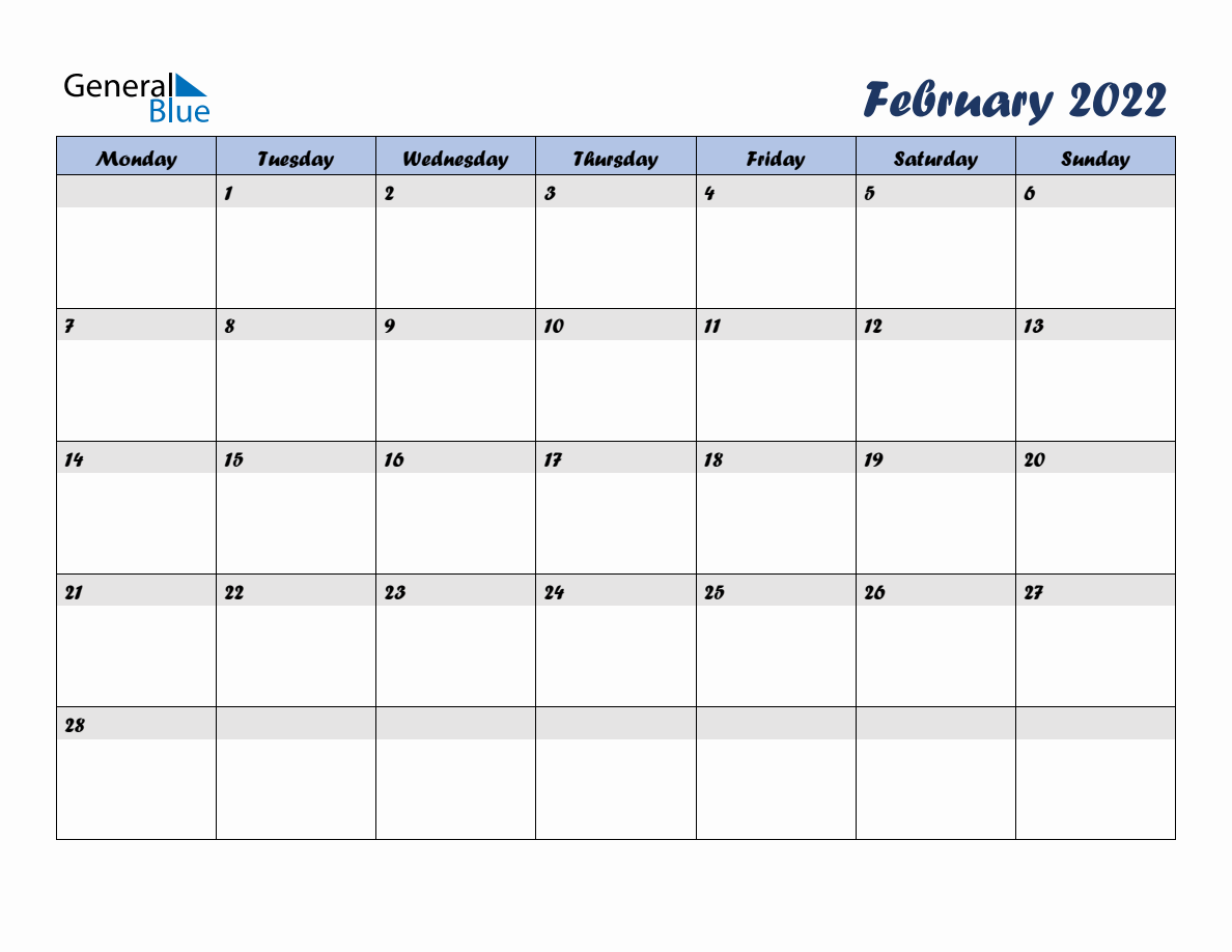 Free February 2022 Monthly Editable Calendar, starting on Monday