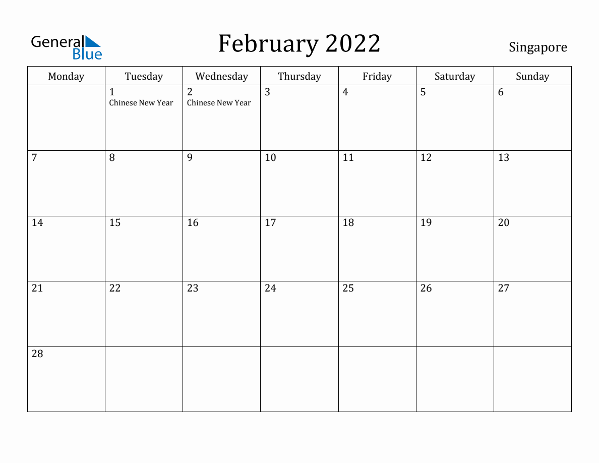 Singapore Monthly Calendar - February 2022 (Monday Start)