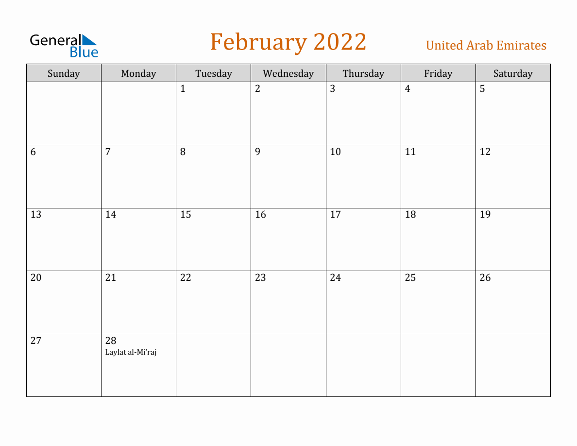Free February 2022 United Arab Emirates Calendar