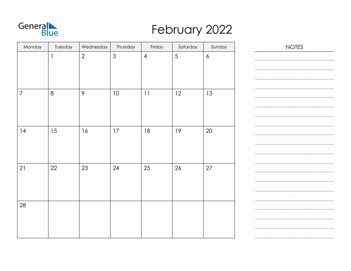 Printable Monthly Calendar with Notes - February 2022 - Monday Start