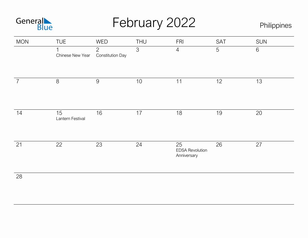 Printable February 2022 Monthly Calendar with Holidays for Philippines ...