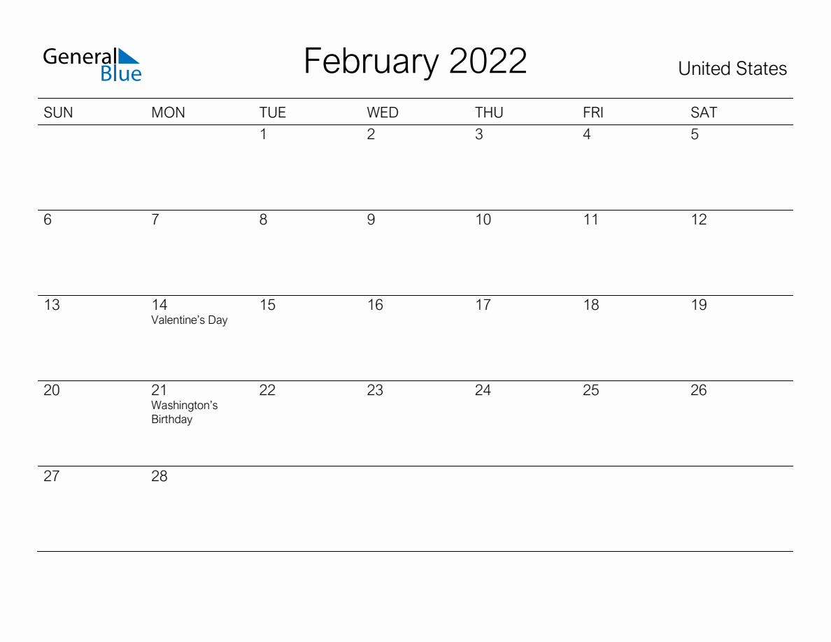 Printable February 2022 Monthly Calendar with Holidays for United States