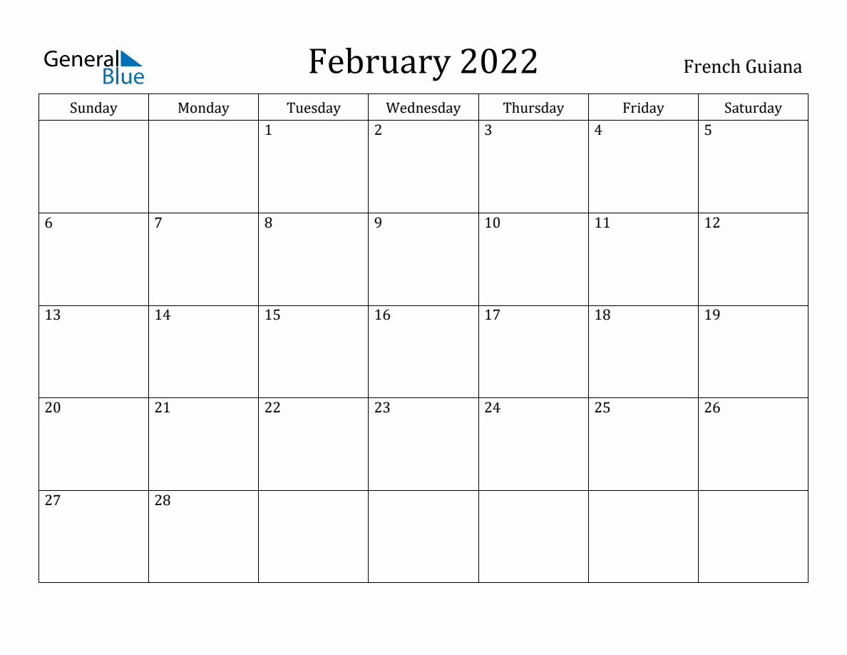 February 2022 Monthly Calendar with French Guiana Holidays