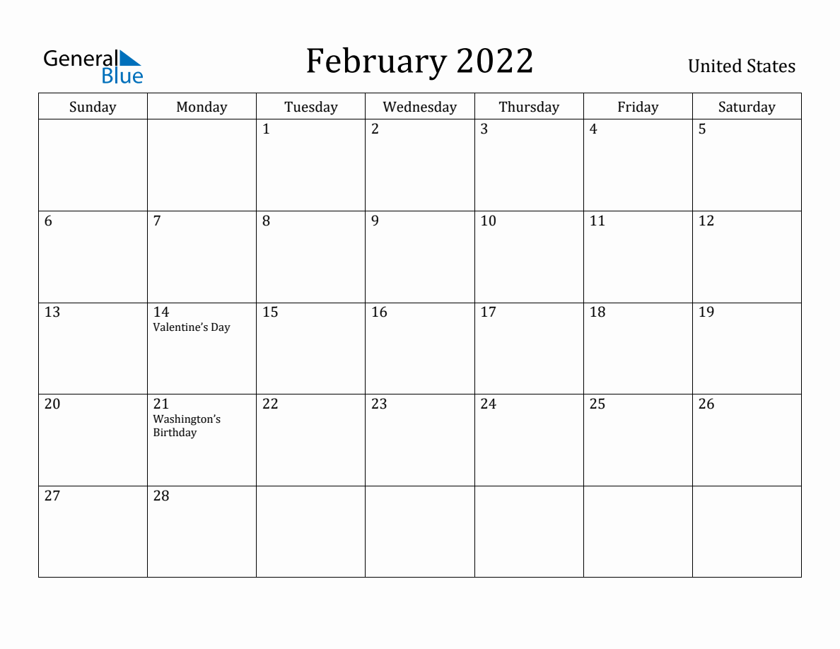 February 2022 Monthly Calendar with United States Holidays