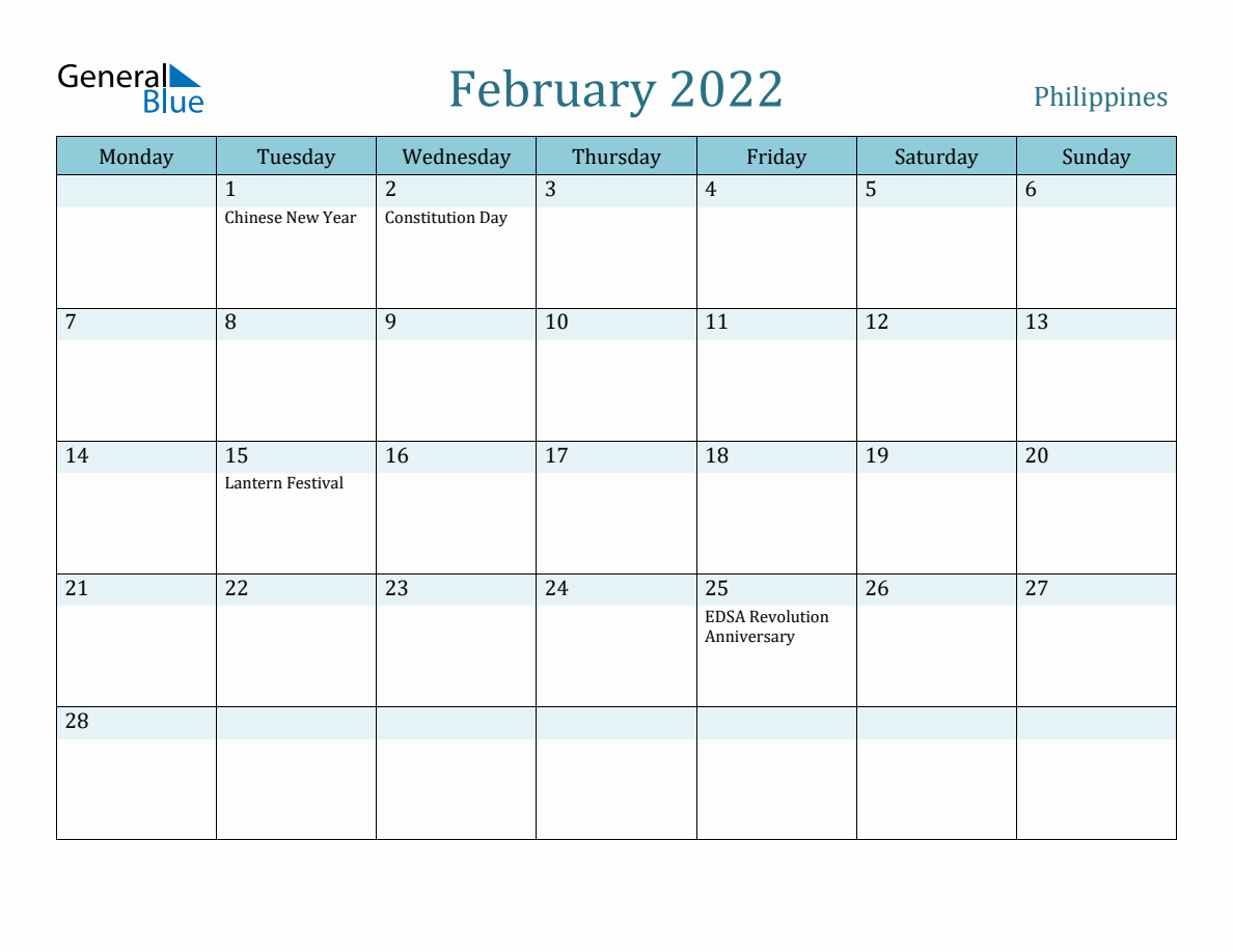 Philippines Holiday Calendar for February 2022 (Monday Start)