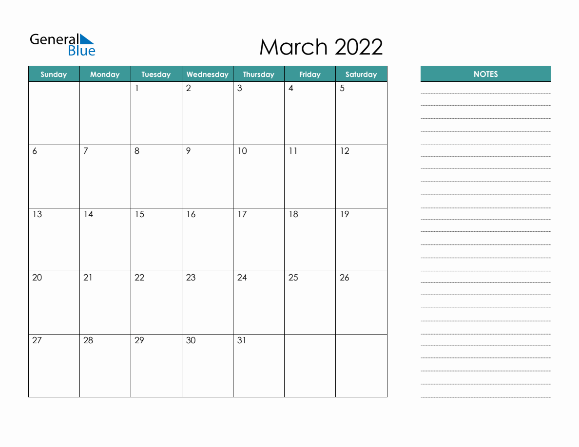 March 2022 Calendar Planner with Notes
