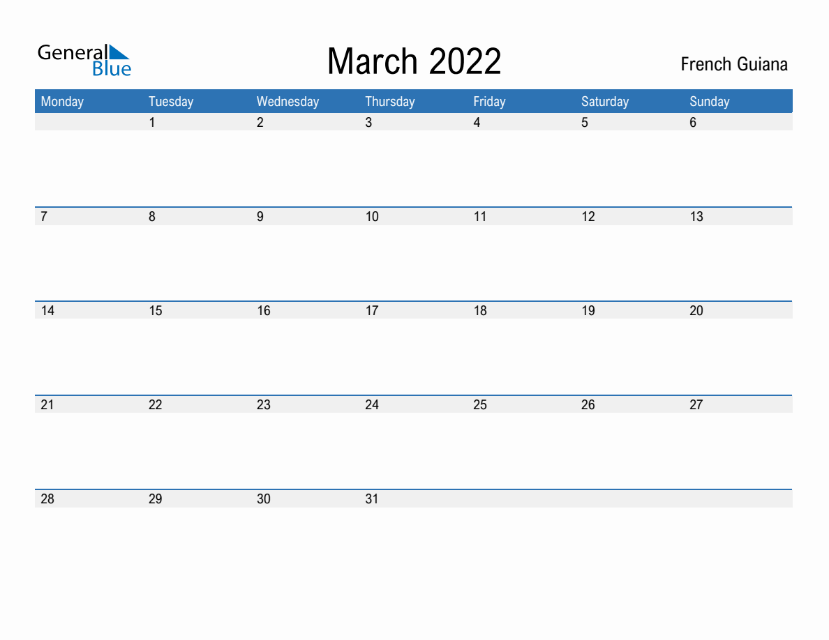 Editable March 2022 Calendar with French Guiana Holidays (Monday Start)