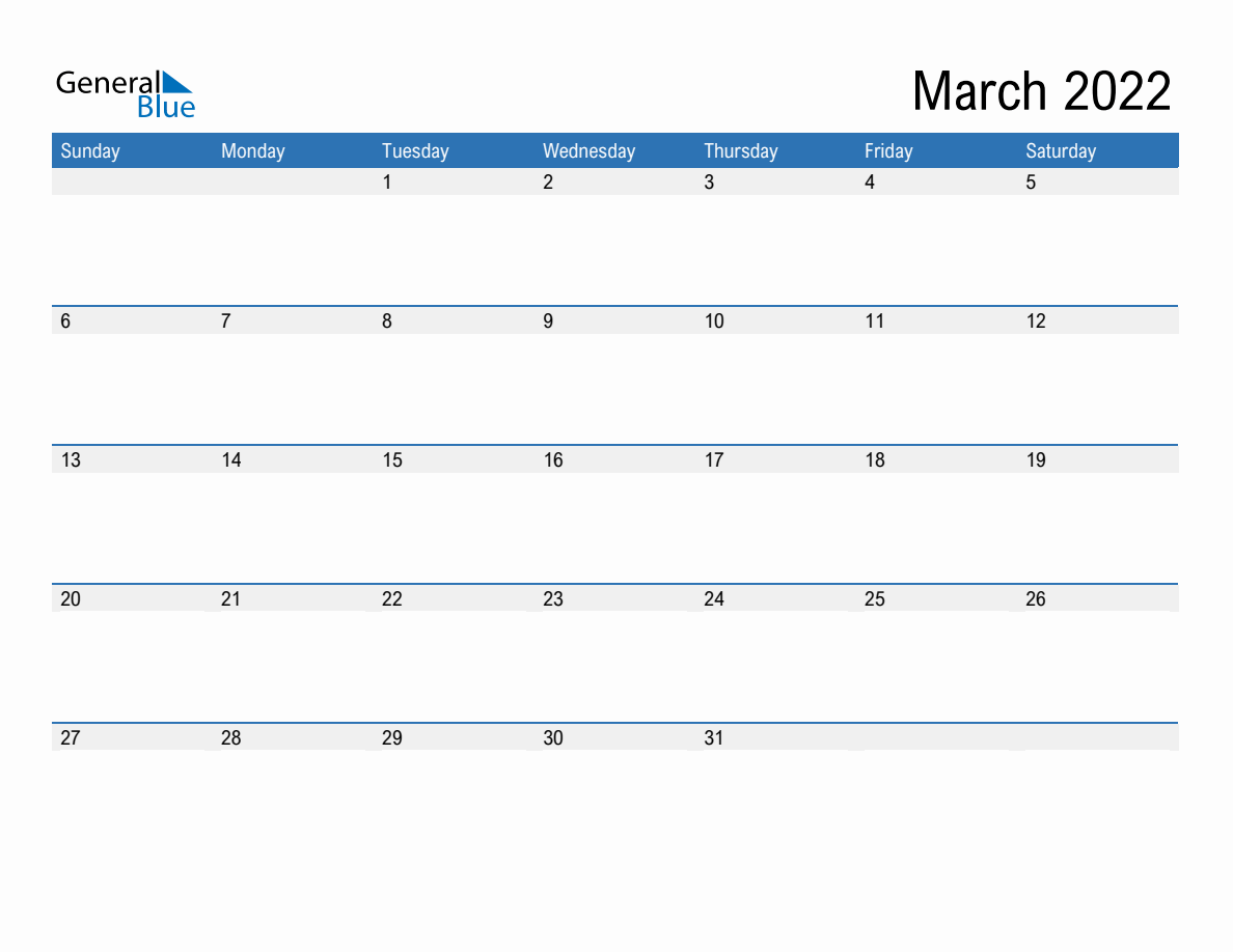 March 2022 Monthly Calendar (PDF, Word, Excel)