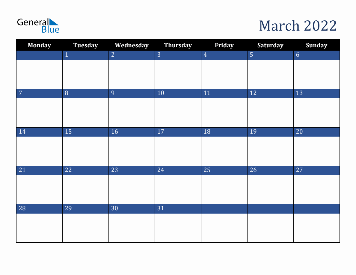 March 2022 Downloadable Calendar - Monday Start