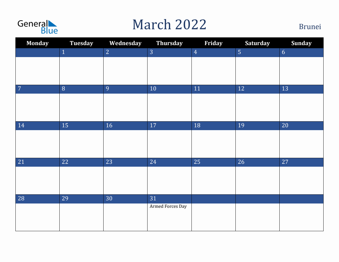 March 2022 Brunei Holiday Calendar