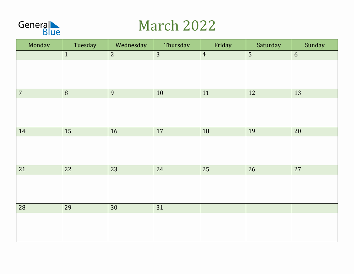 Fillable March 2022 Calendar - Monday Start