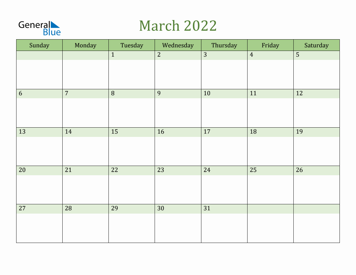 Fillable March 2022 Calendar