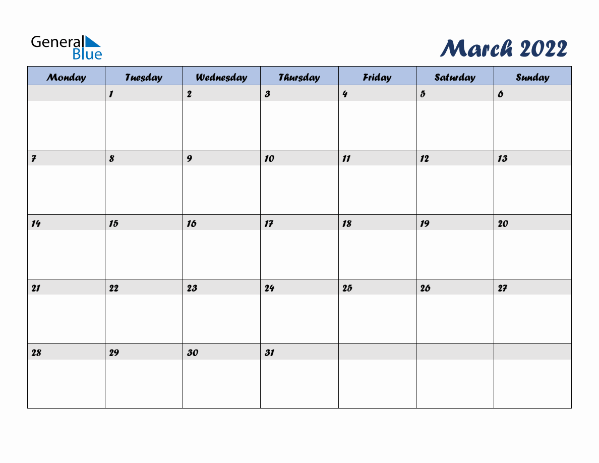 Free March 2022 Monthly Editable Calendar - Monday Start