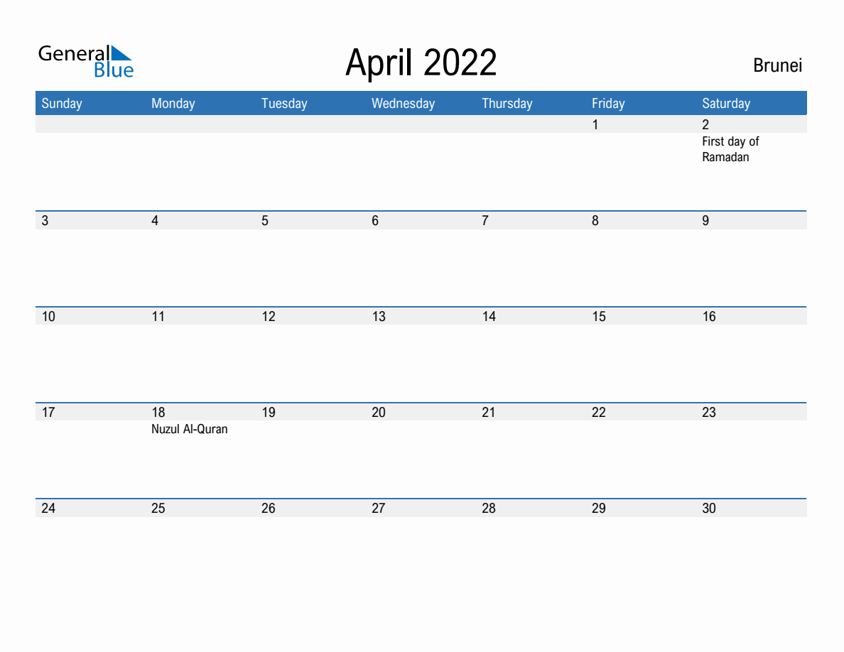 April 2022 Monthly Calendars with Brunei Holidays