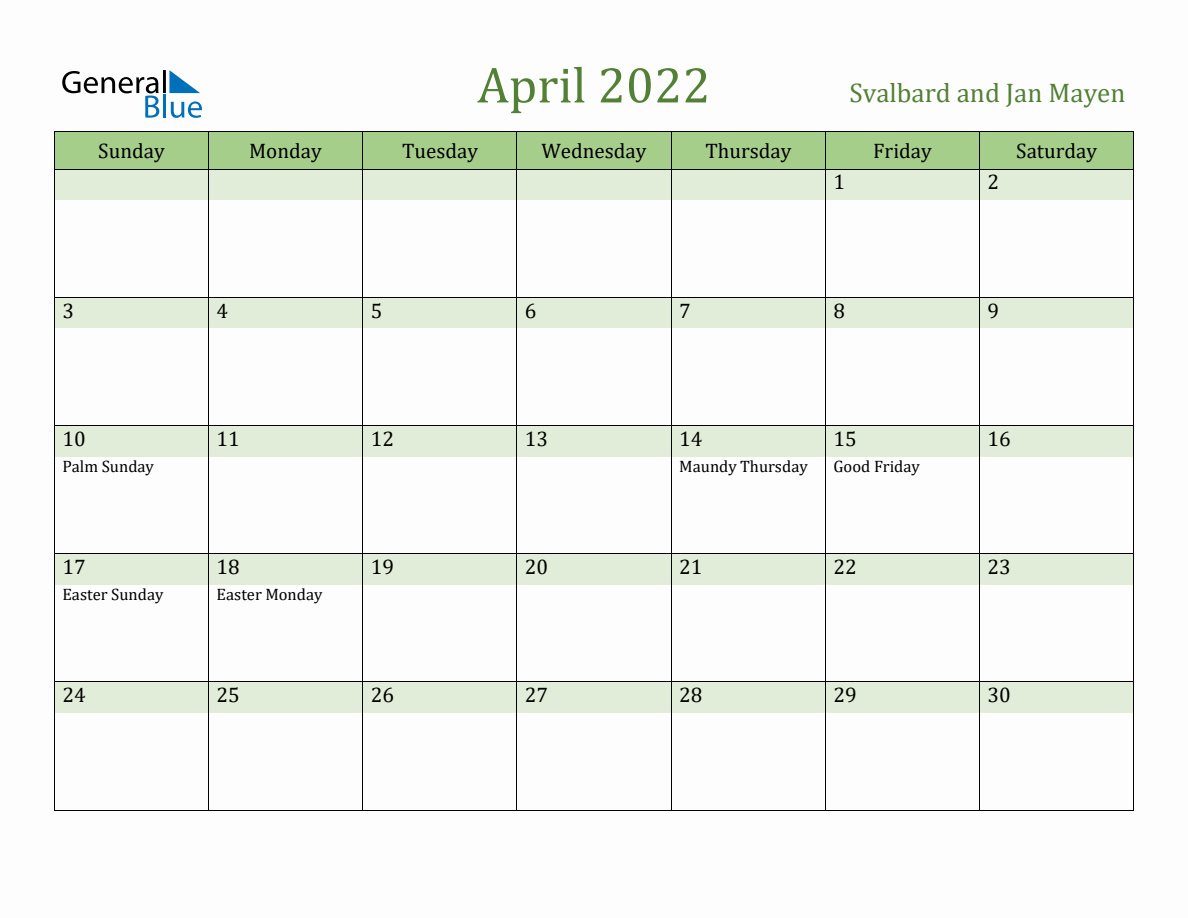 Fillable Holiday Calendar for Svalbard and Jan Mayen - April 2022