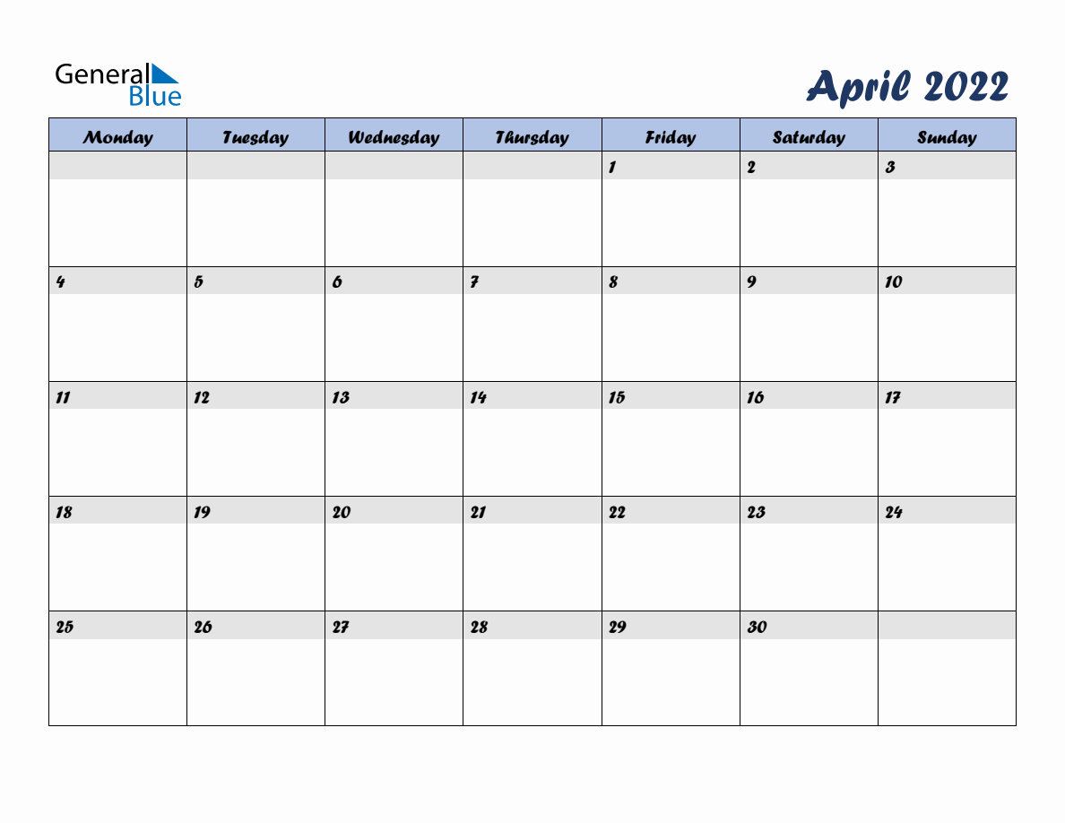 Free April 2022 Monthly Editable Calendar, starting on Monday