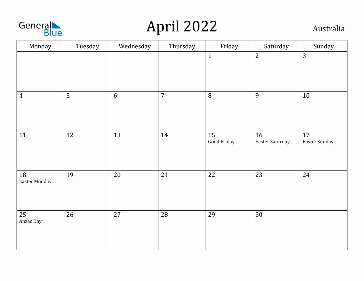 April 2022 - Australia Monthly Calendar with Holidays