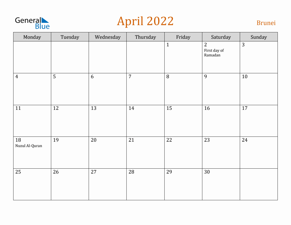 Free April 2022 Brunei Calendar
