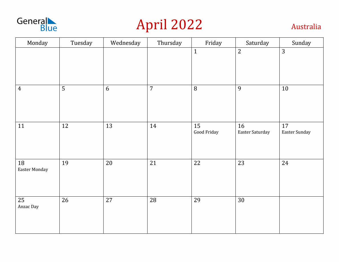 April 2022 Australia Monthly Calendar with Holidays
