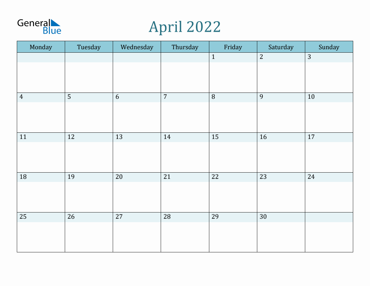 April 2022 Monthly Calendar Template - Monday Start
