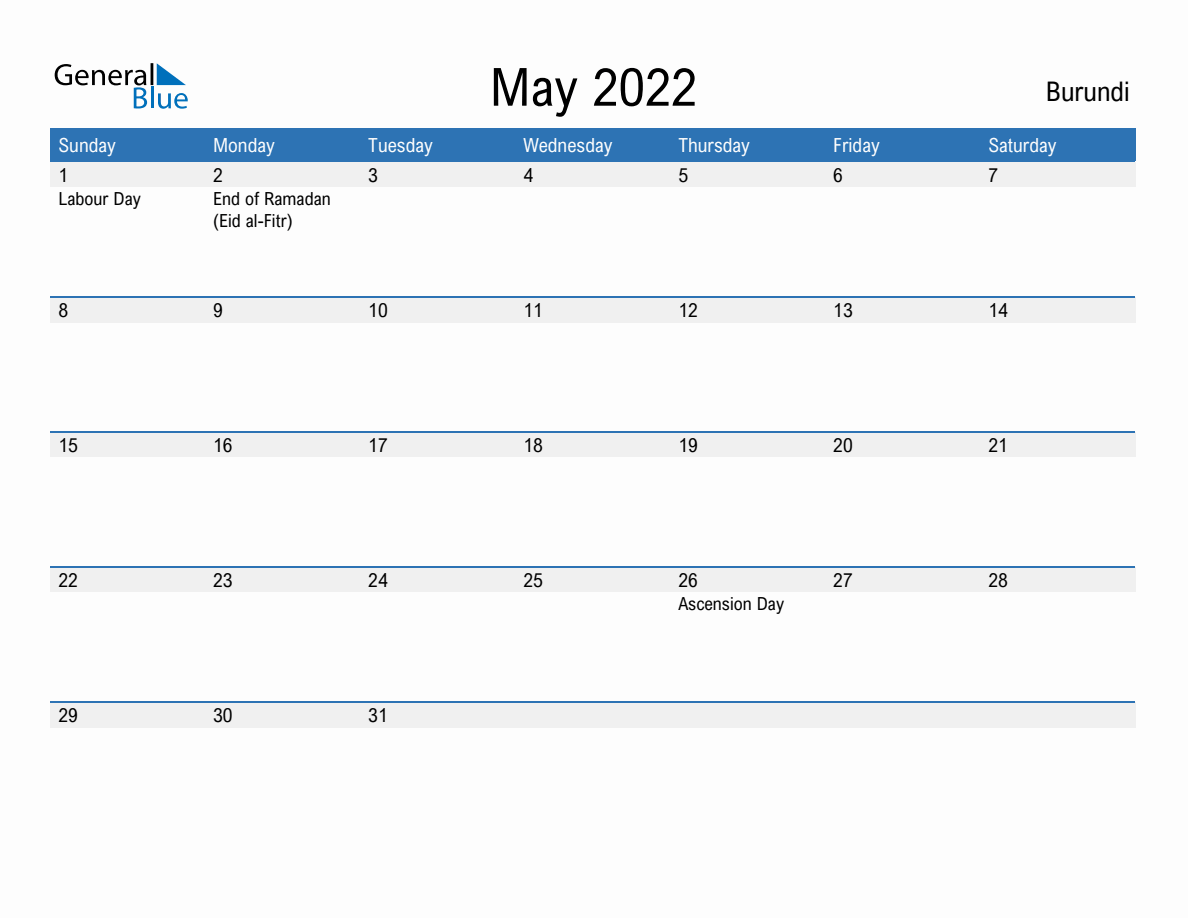 May 2022 Monthly Calendars with Burundi Holidays