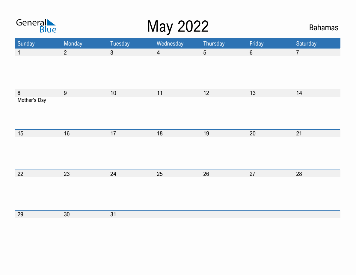 May 2022 Monthly Calendars with Bahamas Holidays