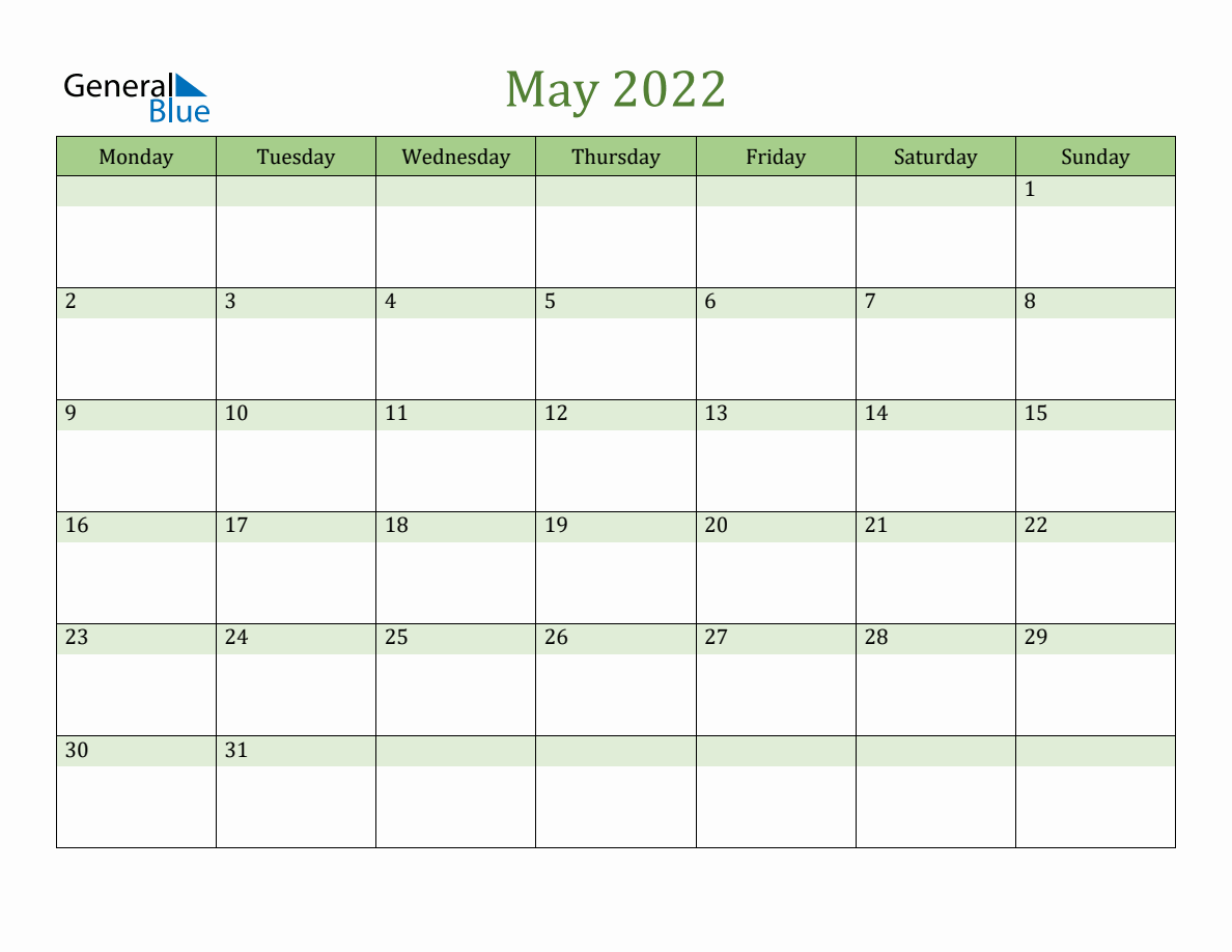 Fillable May 2022 Calendar - Monday Start