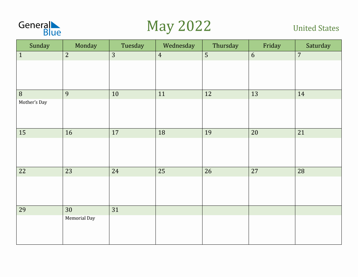 Fillable Holiday Calendar for United States - May 2022