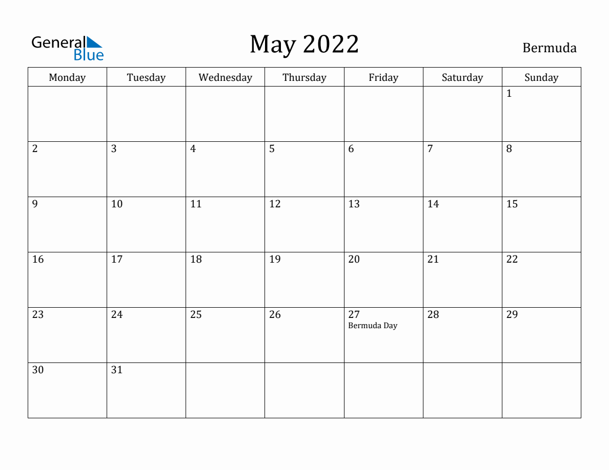 May 2022 Monthly Calendar with Bermuda Holidays