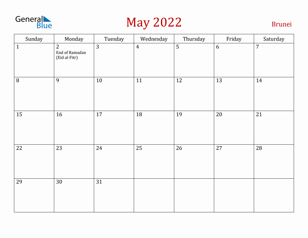 May 2022 Brunei Monthly Calendar with Holidays