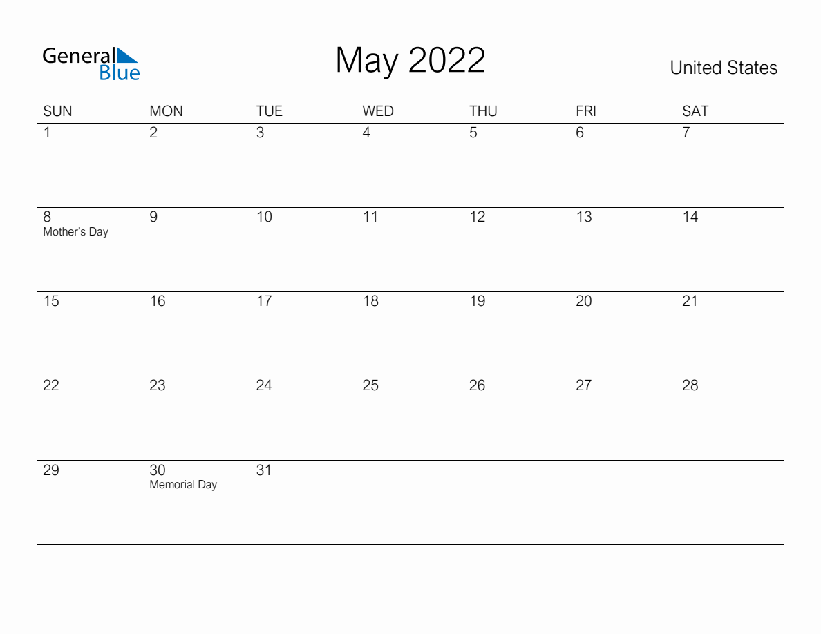 Printable May 2022 Monthly Calendar with Holidays for United States
