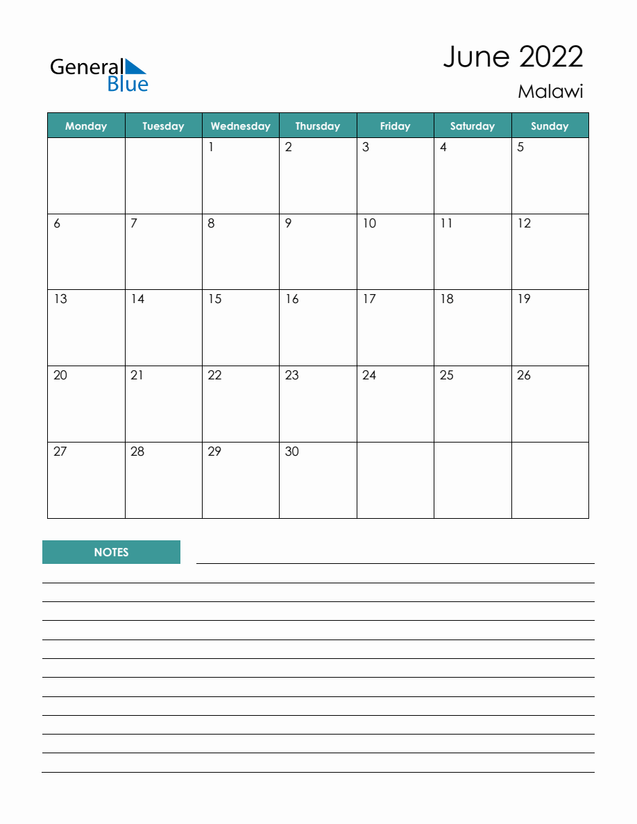Monthly Planner with Malawi Holidays - June 2022 (Monday Start)