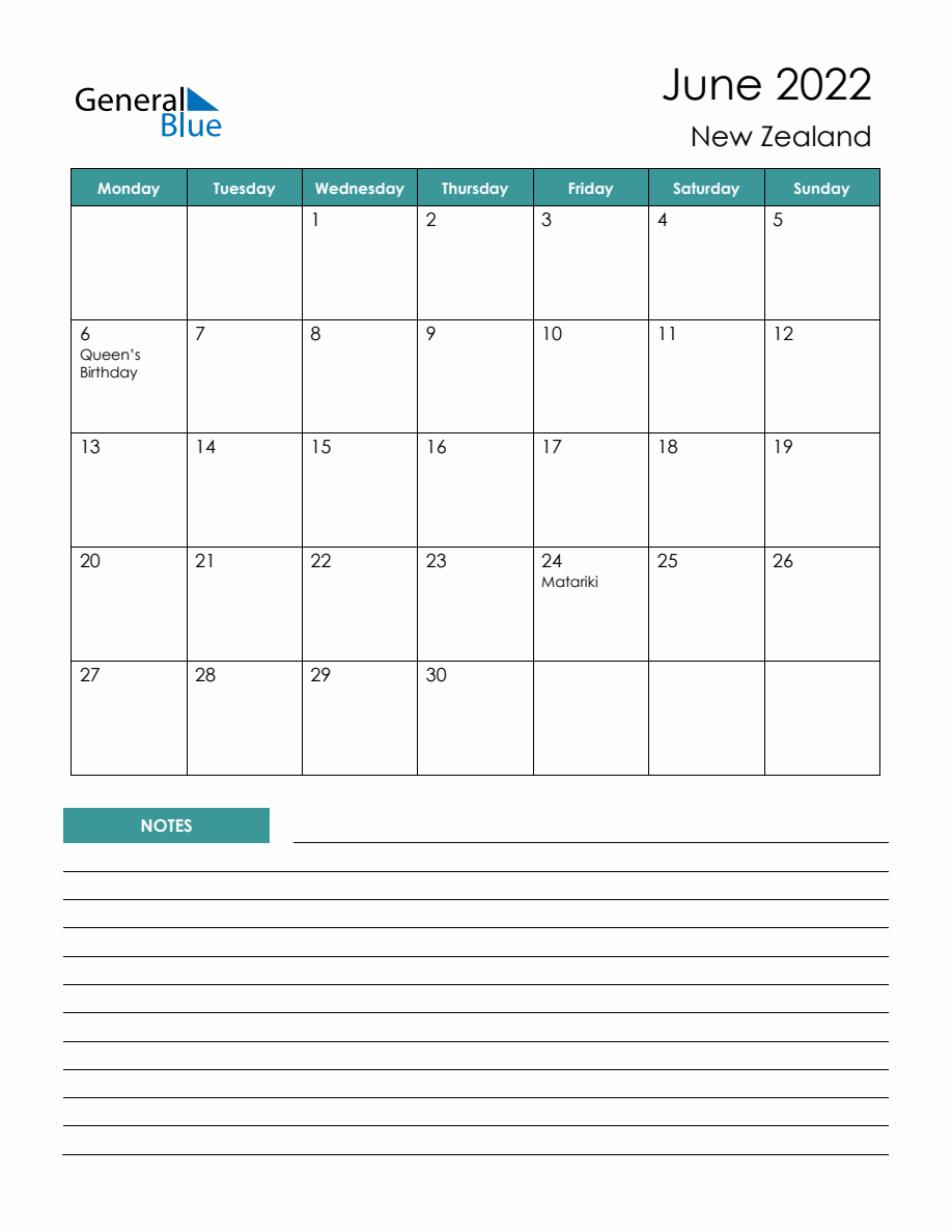 Monthly Planner with New Zealand Holidays - June 2022