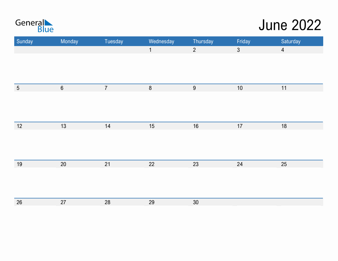 June 2022 Monthly Calendar (PDF, Word, Excel)