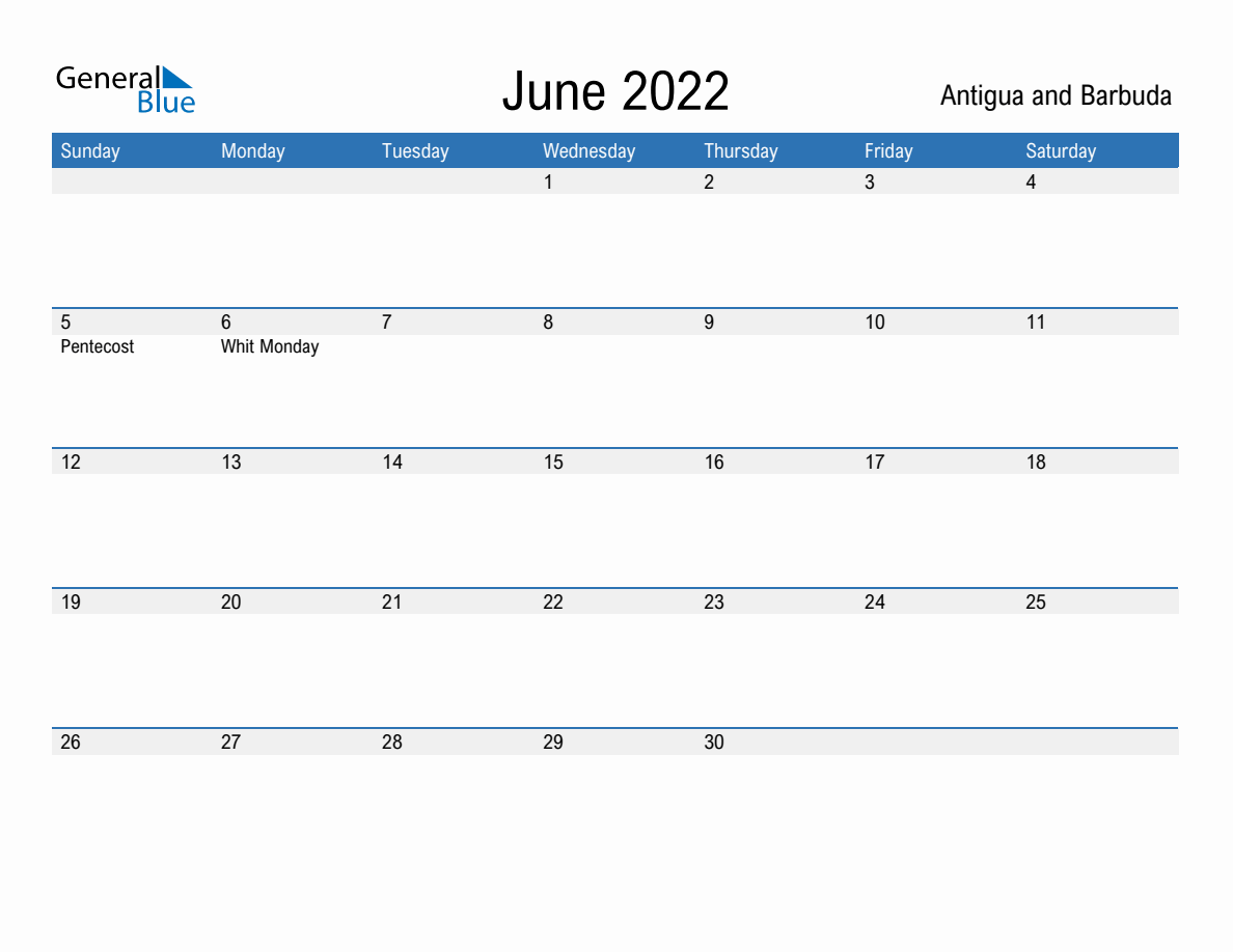 June 2022 Monthly Calendars with Antigua and Barbuda Holidays