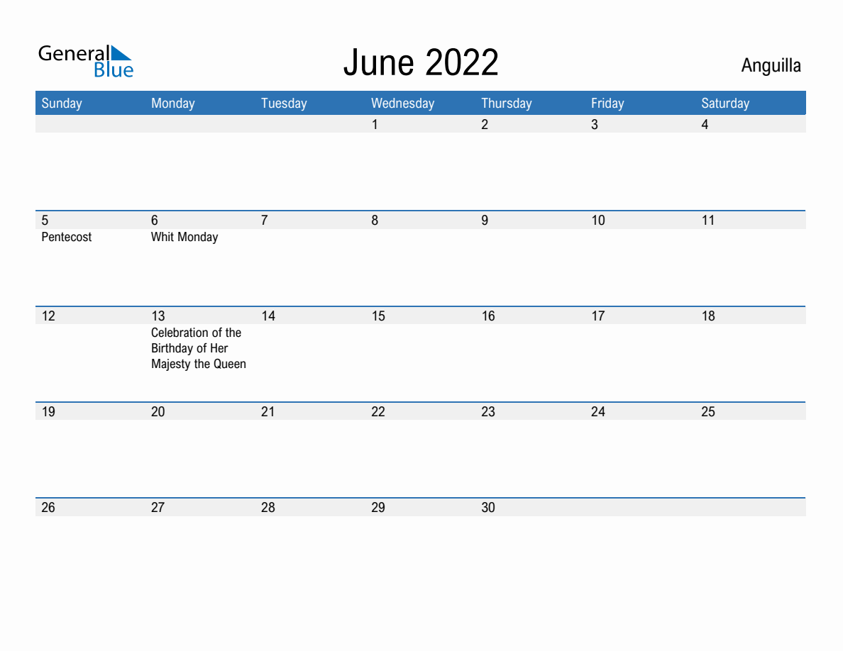 June 2022 Monthly Calendars with Anguilla Holidays