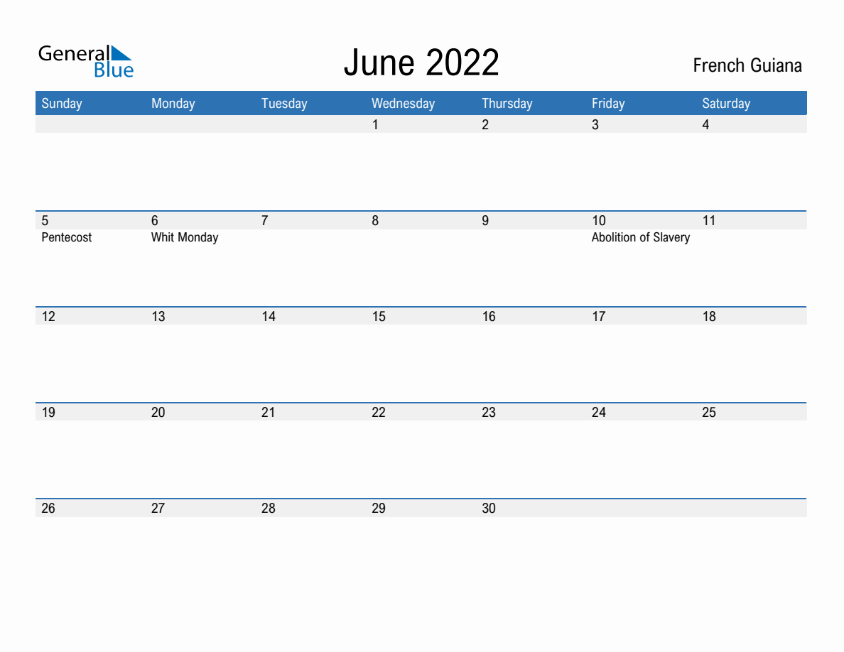 June 2022 Monthly Calendars with French Guiana Holidays
