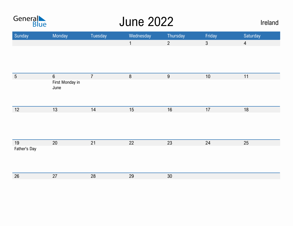 June 2022 Monthly Calendars with Ireland Holidays