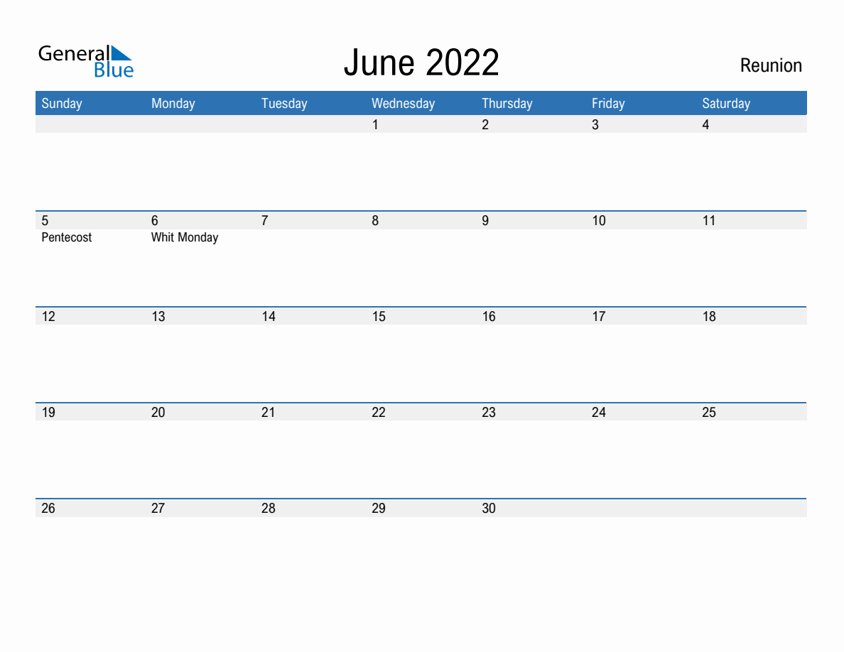 June 2022 Monthly Calendars with Reunion Holidays