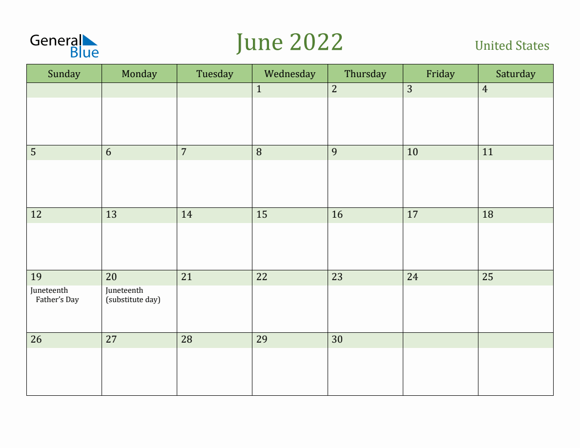 Fillable Holiday Calendar for United States - June 2022