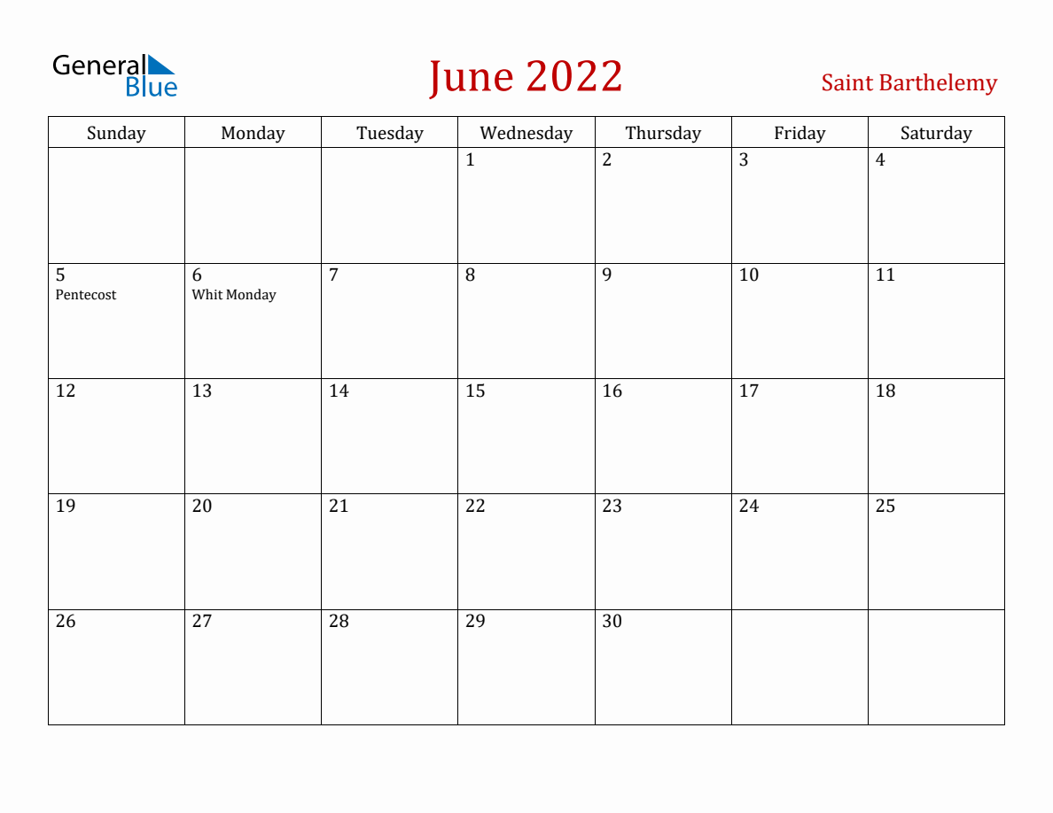 June 2022 Saint Barthelemy Monthly Calendar with Holidays