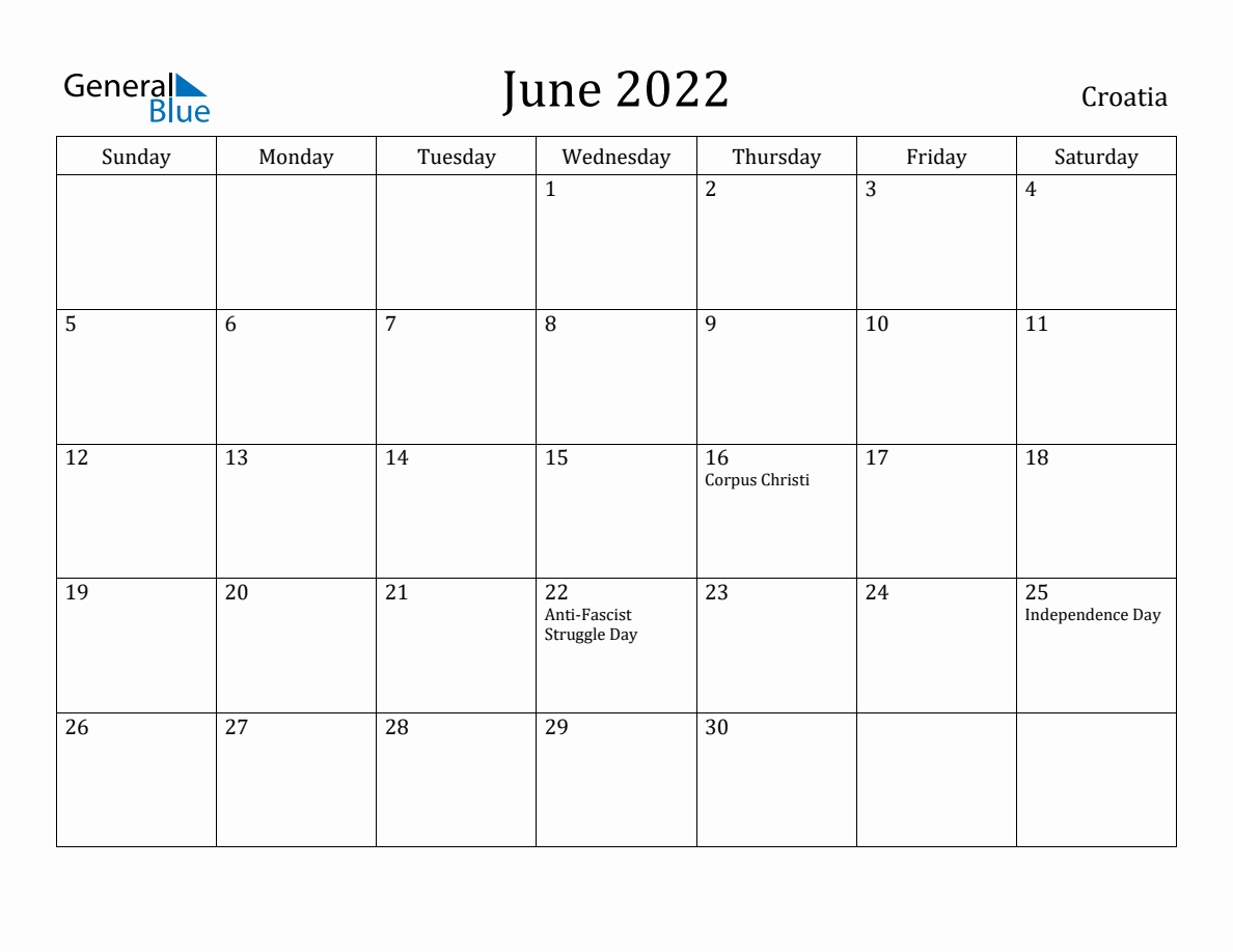 June 2022 Monthly Calendar with Croatia Holidays